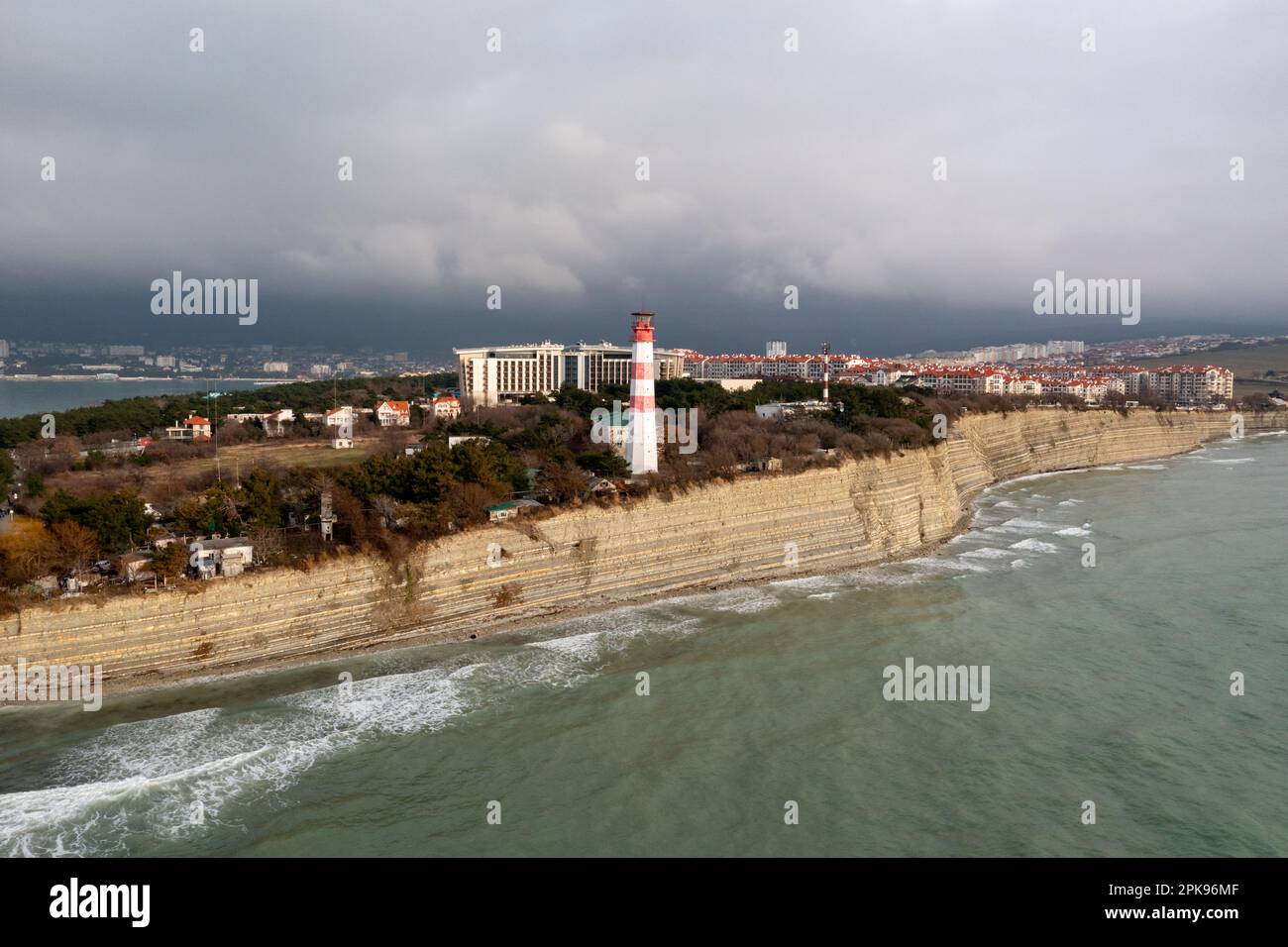 Aerial view of the lighthouse on Cape Tolsty in Gelendzhik, Russia ...