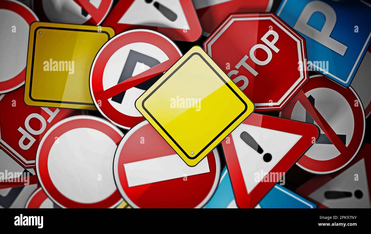 Shiny multi colored traffic signs background. 3D illustration Stock ...