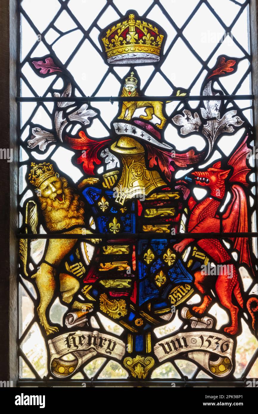 England, Kent, Hever, Hever Castle, Stained Glass Window depicting the ...