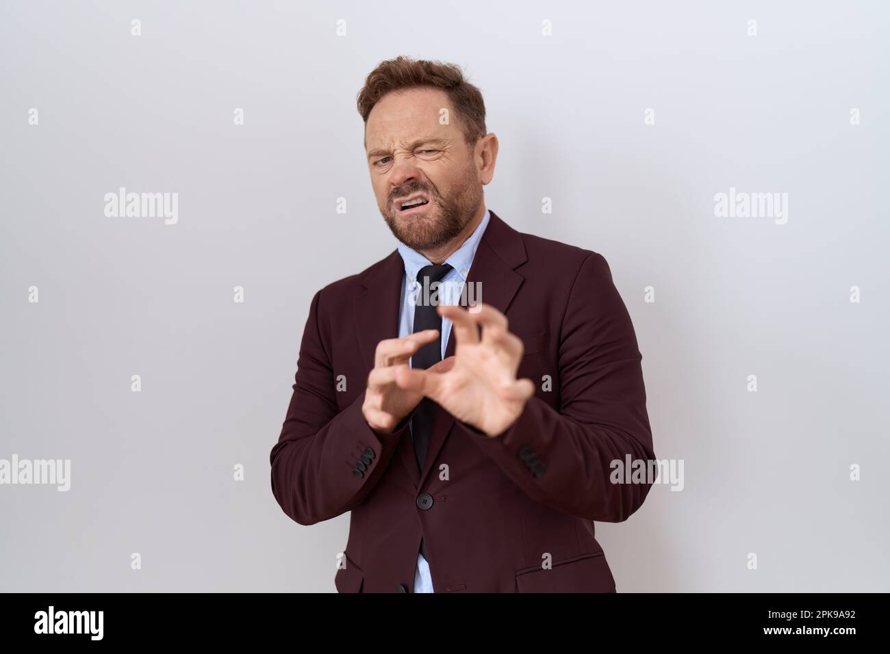 Middle age business man with beard wearing suit and tie disgusted ...