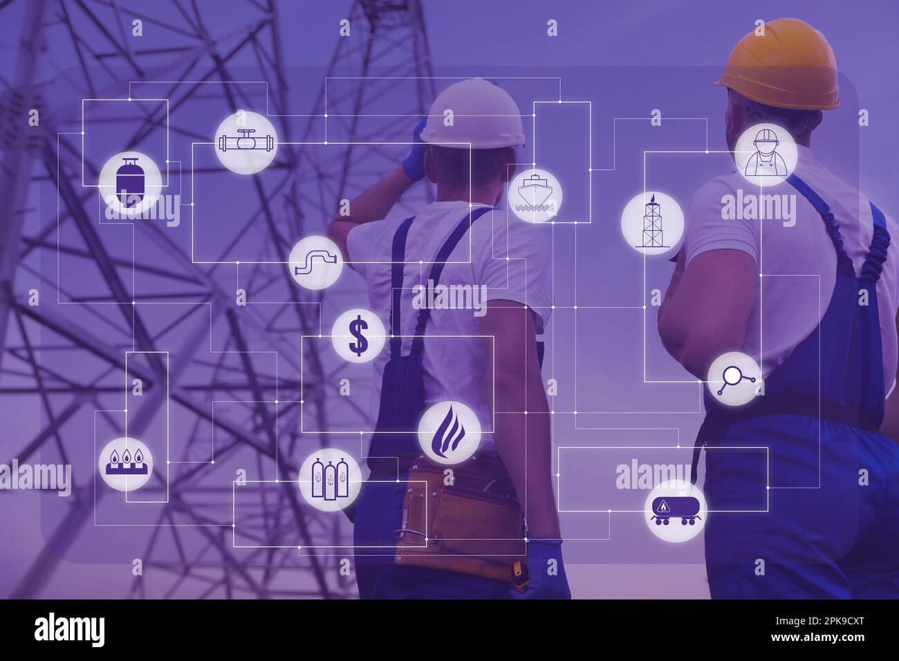 Professional engineers near gas drilling rig and illustration of ...