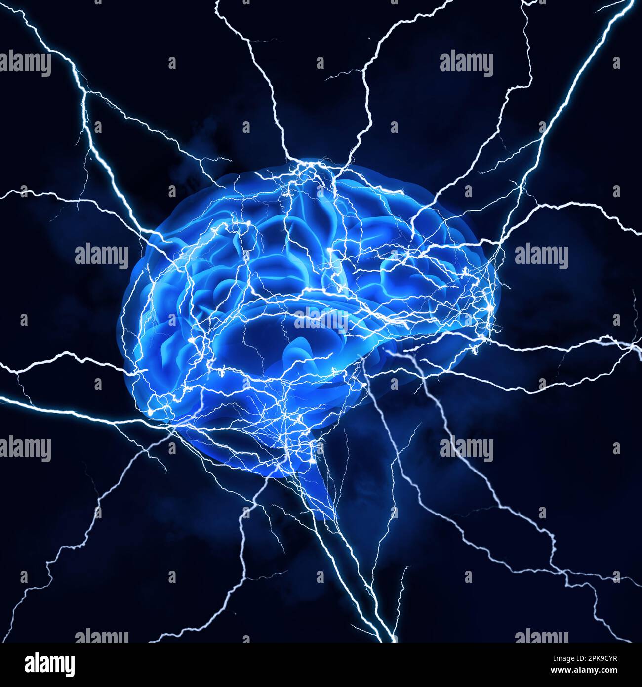 Illustration of human brain with lightning strikes on dark background ...