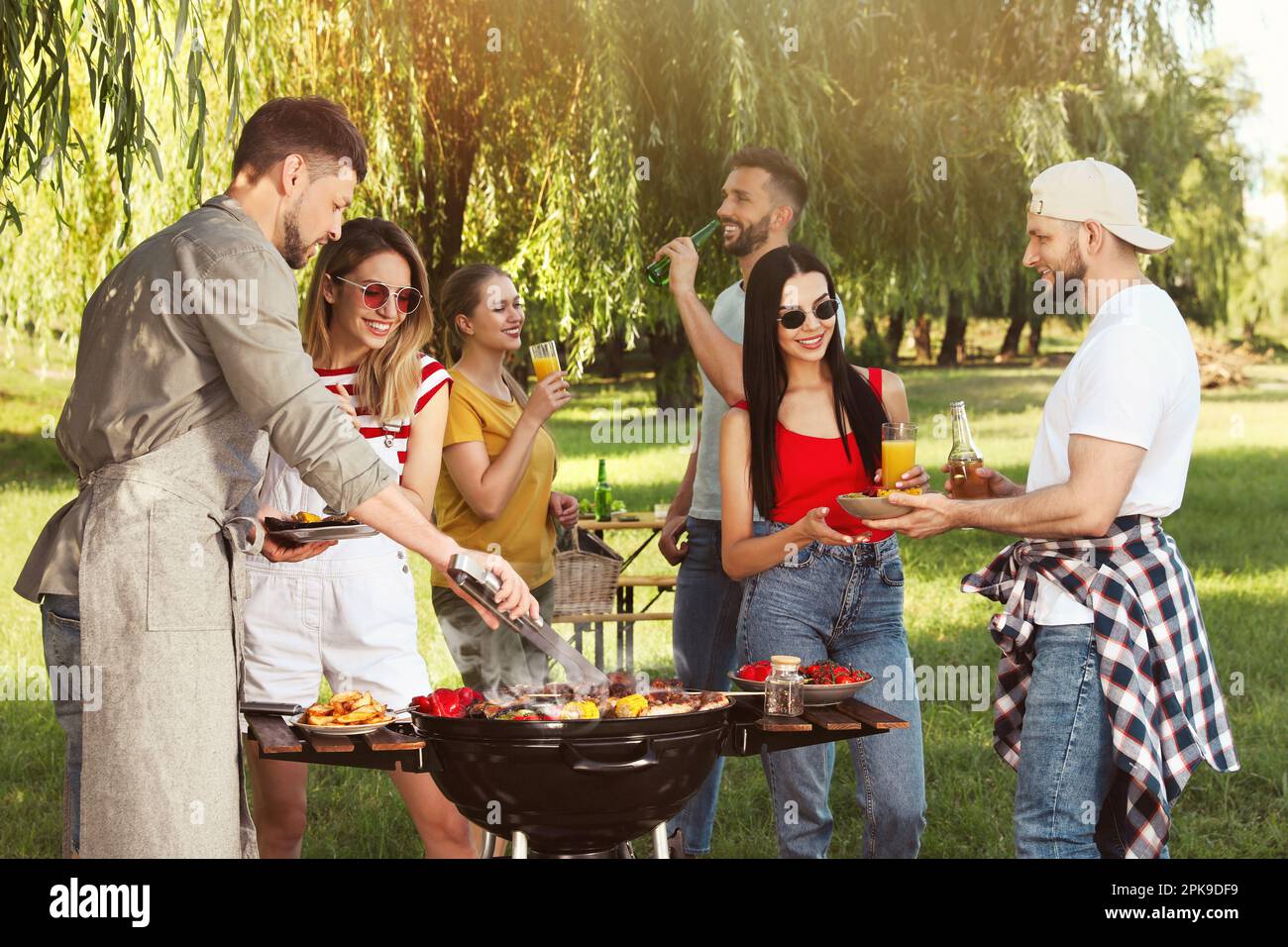 Group of friends having barbecue party in park Stock Photo - Alamy
