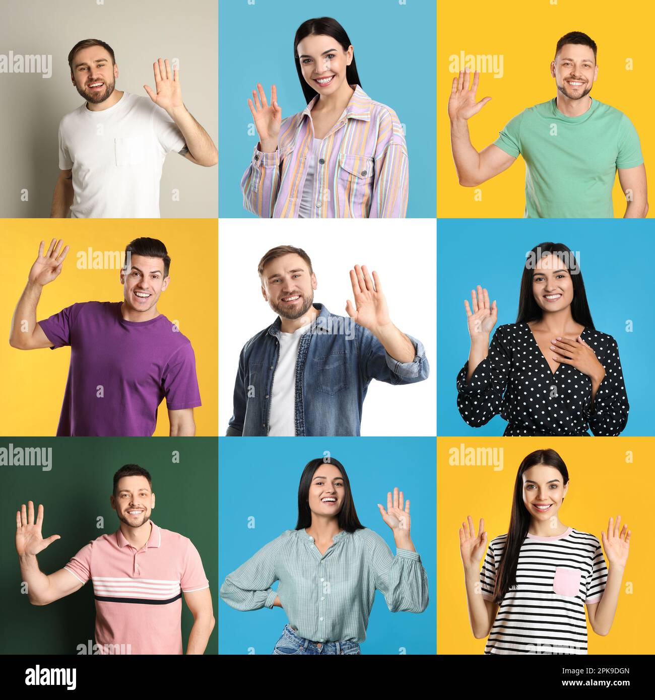 Collage with photos of cheerful people showing hello gesture on ...