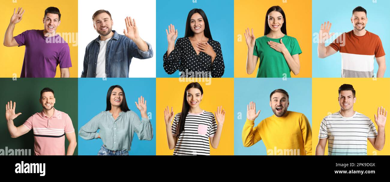 Collage with photos of cheerful people showing hello gesture on ...