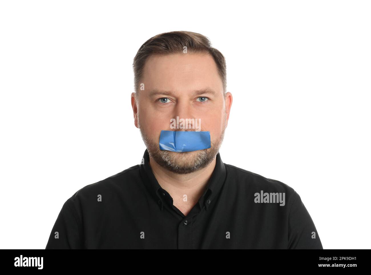 Mature man with taped mouth on white background. Speech censorship ...