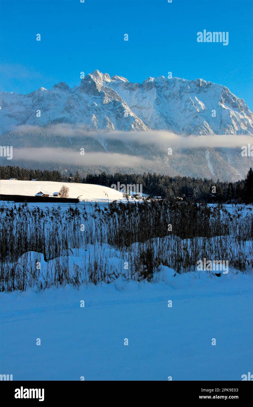 Winter walk at the Schmalensee near Mittenwald, lake, reeds, grasses ...