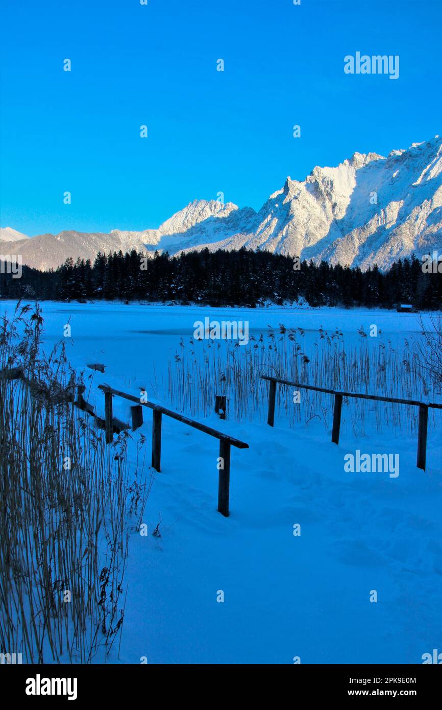 Winter hike to the Lautersee, near Mittenwald, Europe, Germany, Bavaria ...