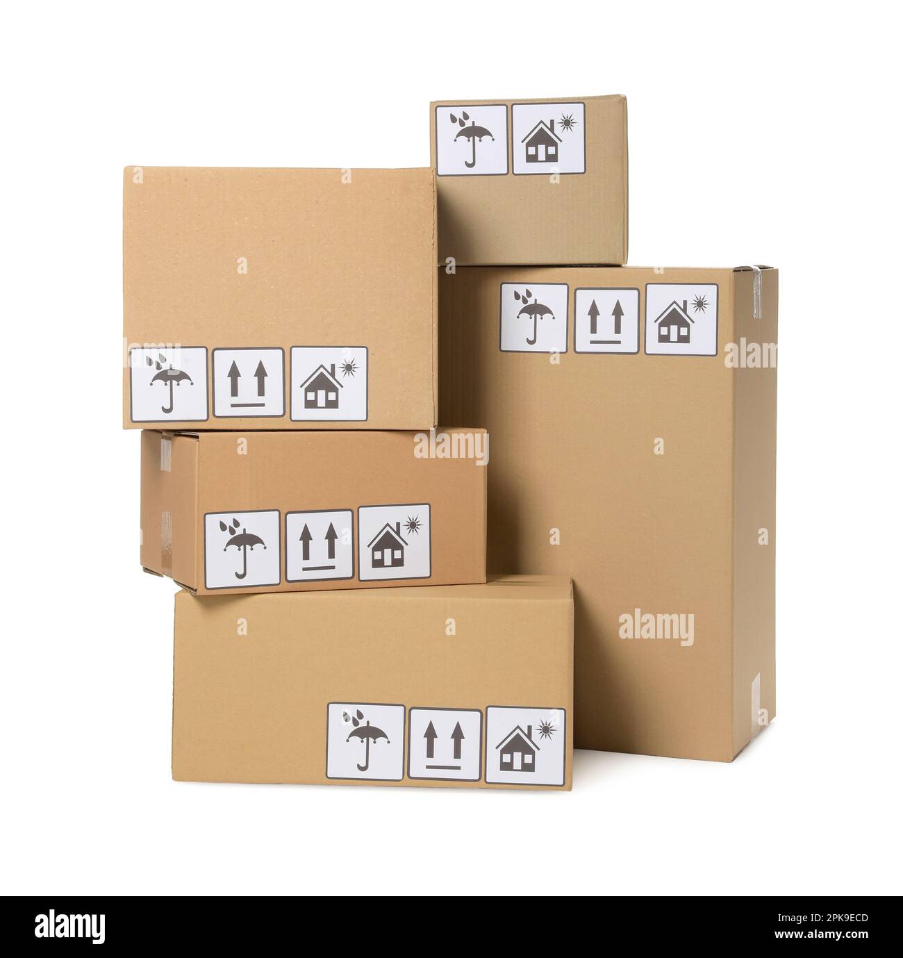 Many closed cardboard boxes with packaging symbols on white background ...