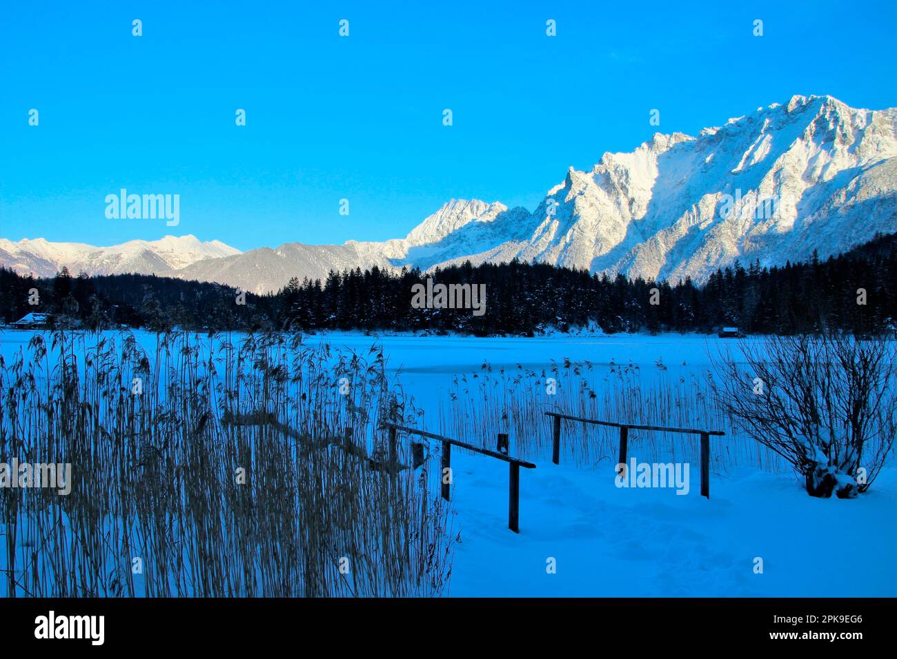 Winter hike to the Lautersee, near Mittenwald, Europe, Germany, Bavaria ...