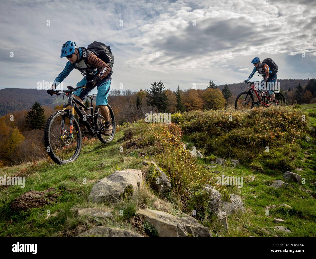 Mountain biker on single trail over a mountain pasture in the High ...