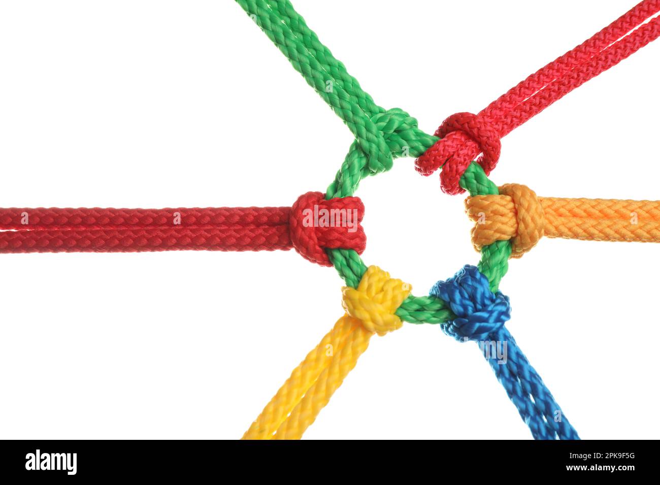 Colorful ropes tied together isolated on white. Unity concept Stock ...