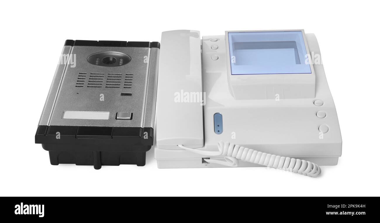Modern intercom systems on white background. Home security Stock Photo ... Modern intercom systems on white background. Home security Stock Photo ...