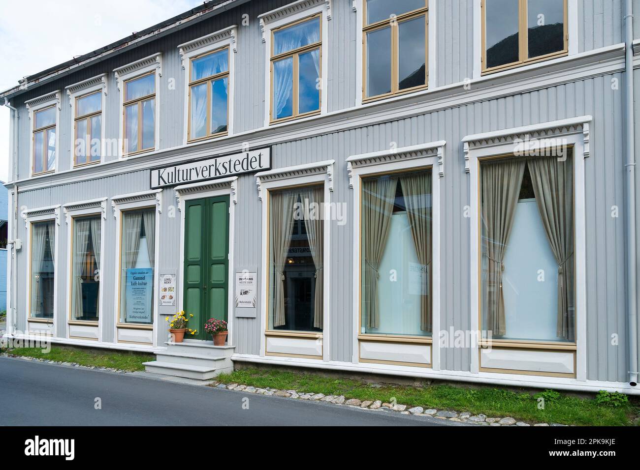 Norway, Mosjoen, historical Sjogata, Kulturverkstedet, restaurant Stock ...