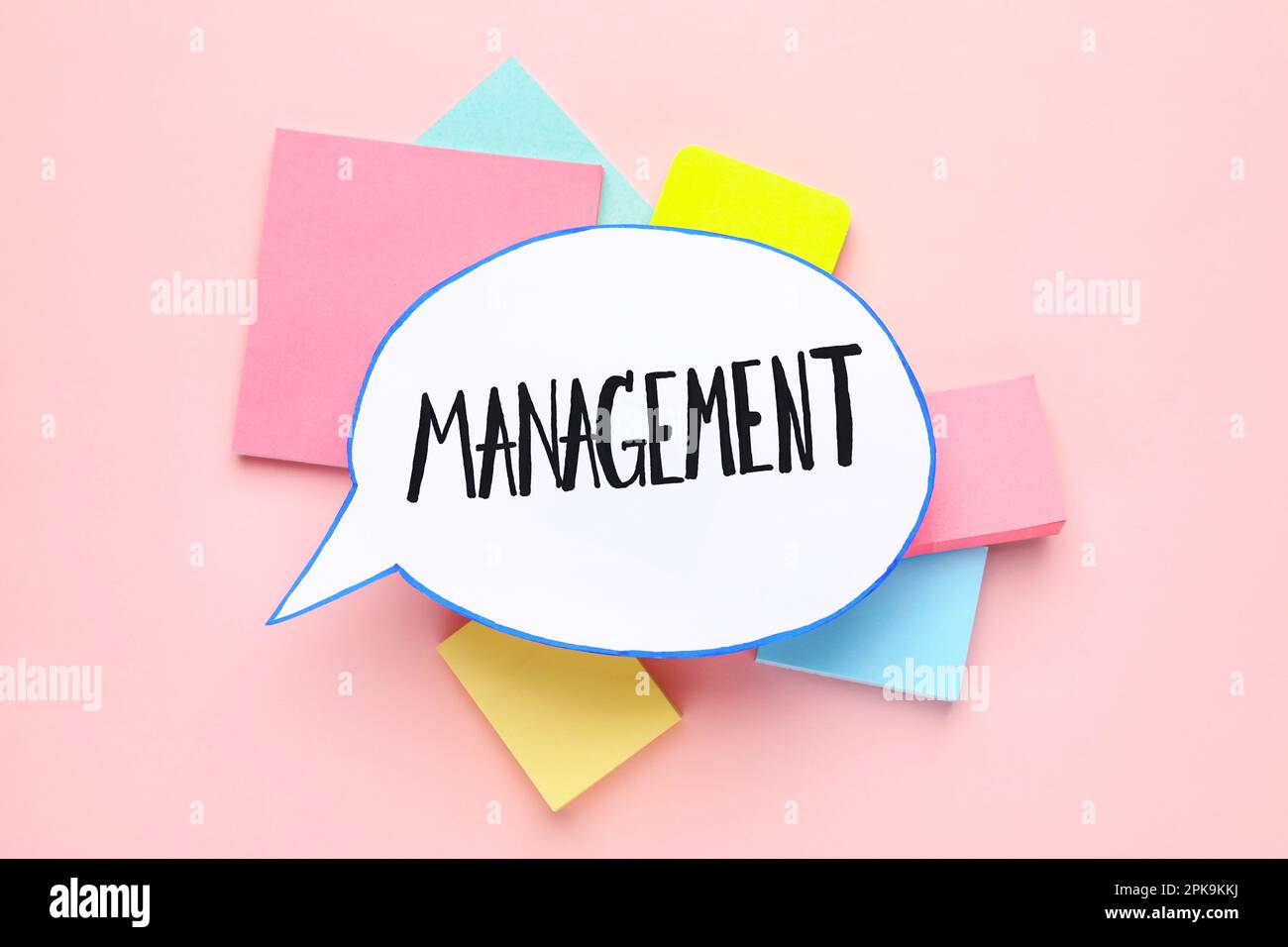 Speech bubble with word Management and notes on pink background, flat ...