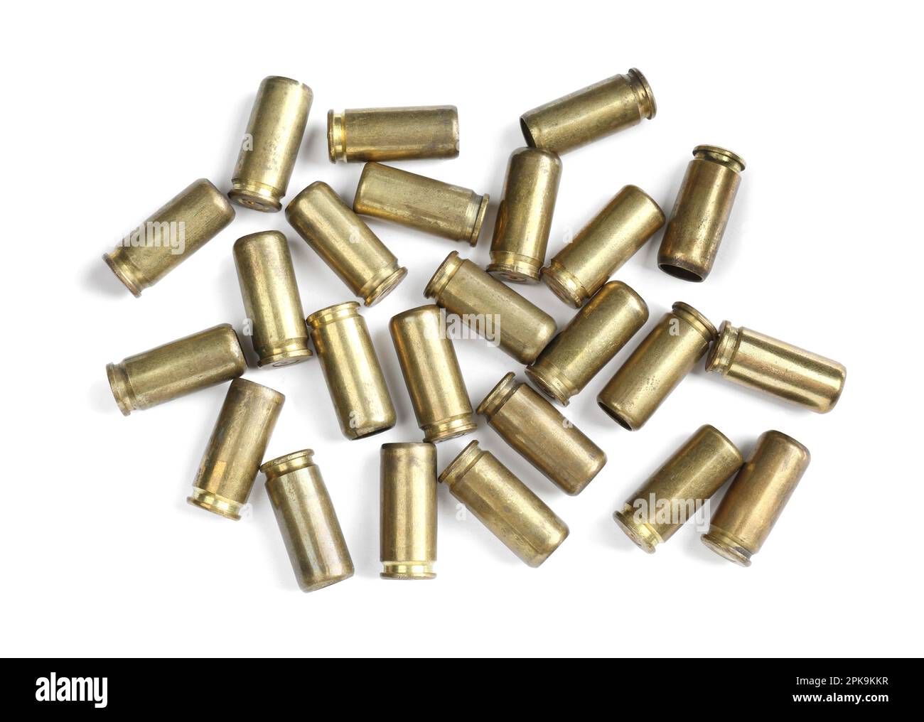 Cartridge cases isolated on white, top view. Firearm ammunition Stock ...