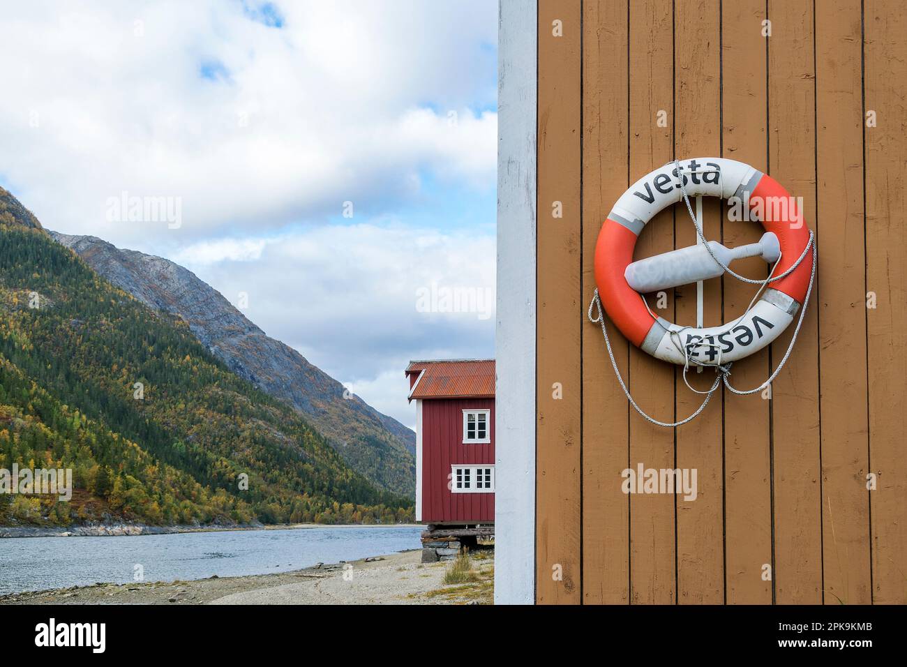Norway, Mosjoen, typical local boathouses, lifebelt Stock Photo - Alamy