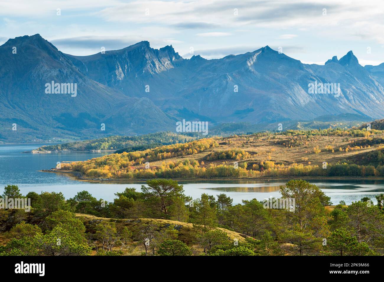 Norway, Atlantic coast at Kystriksveien, fjord landscape near ferry ...