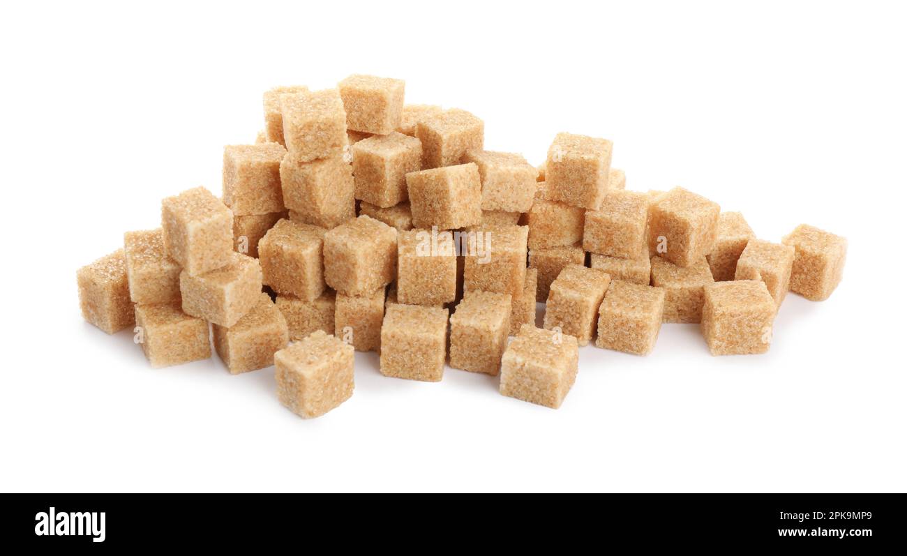 Pile of cubes with brown sugar on white background Stock Photo - Alamy
