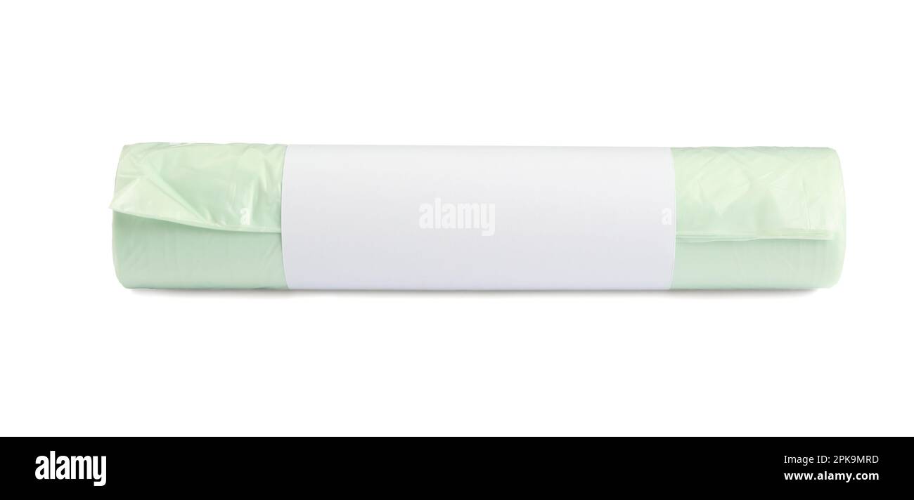 Roll of garbage bags on white background. Cleaning supplies Stock Photo ...