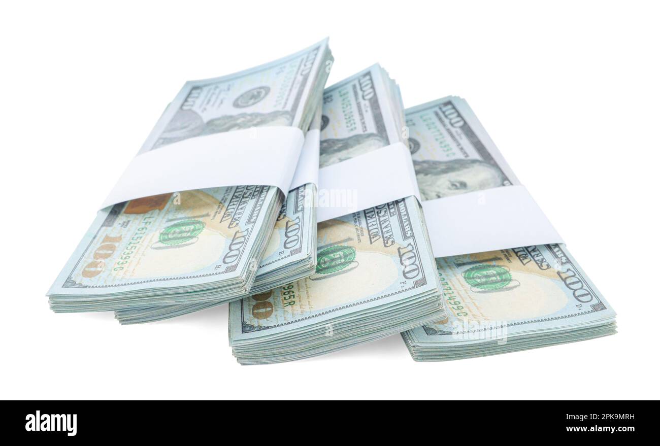 Bundles of dollar banknotes isolated on white. American national ...