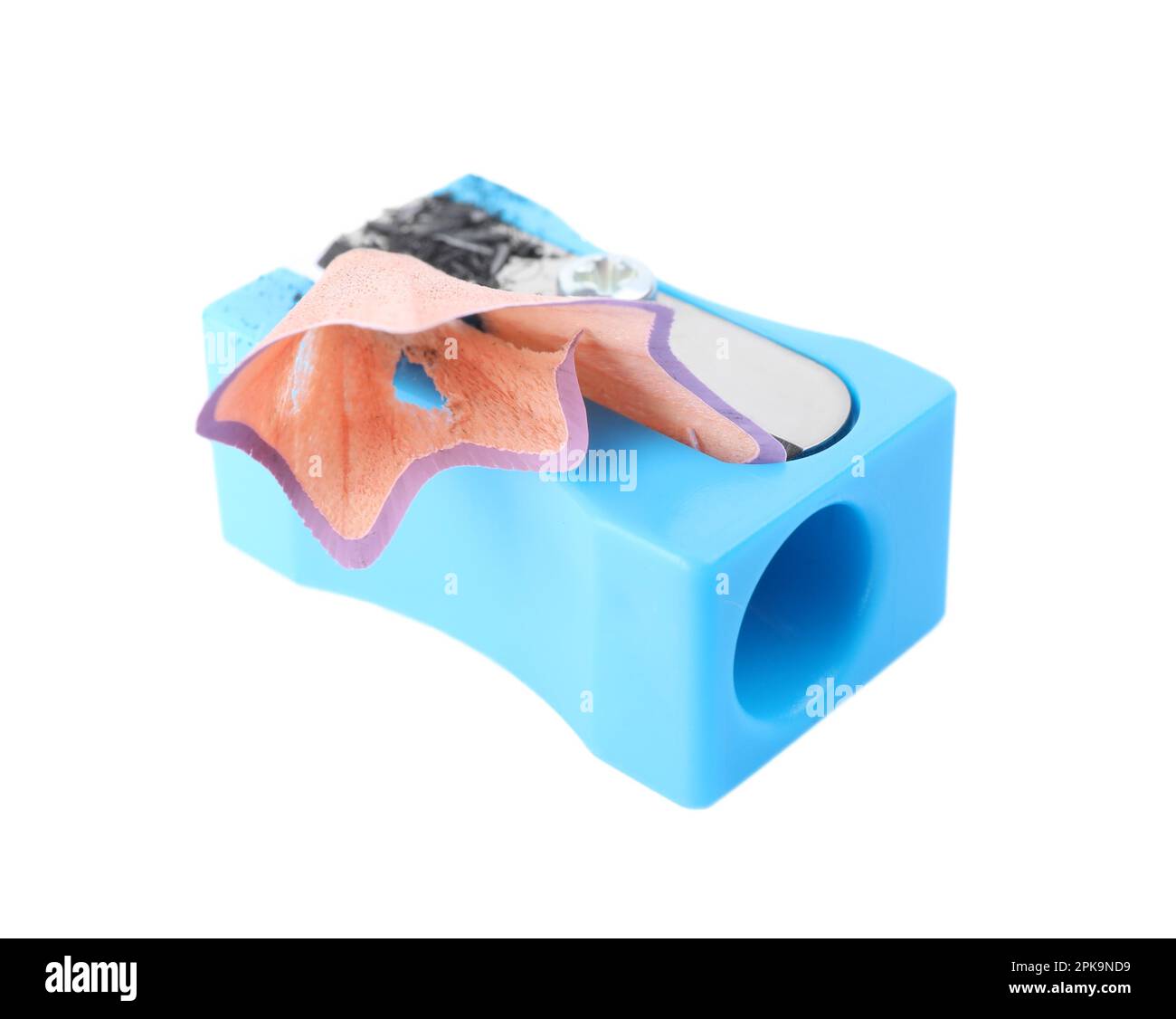 Light blue sharpener with pencil shavings on white background Stock ...