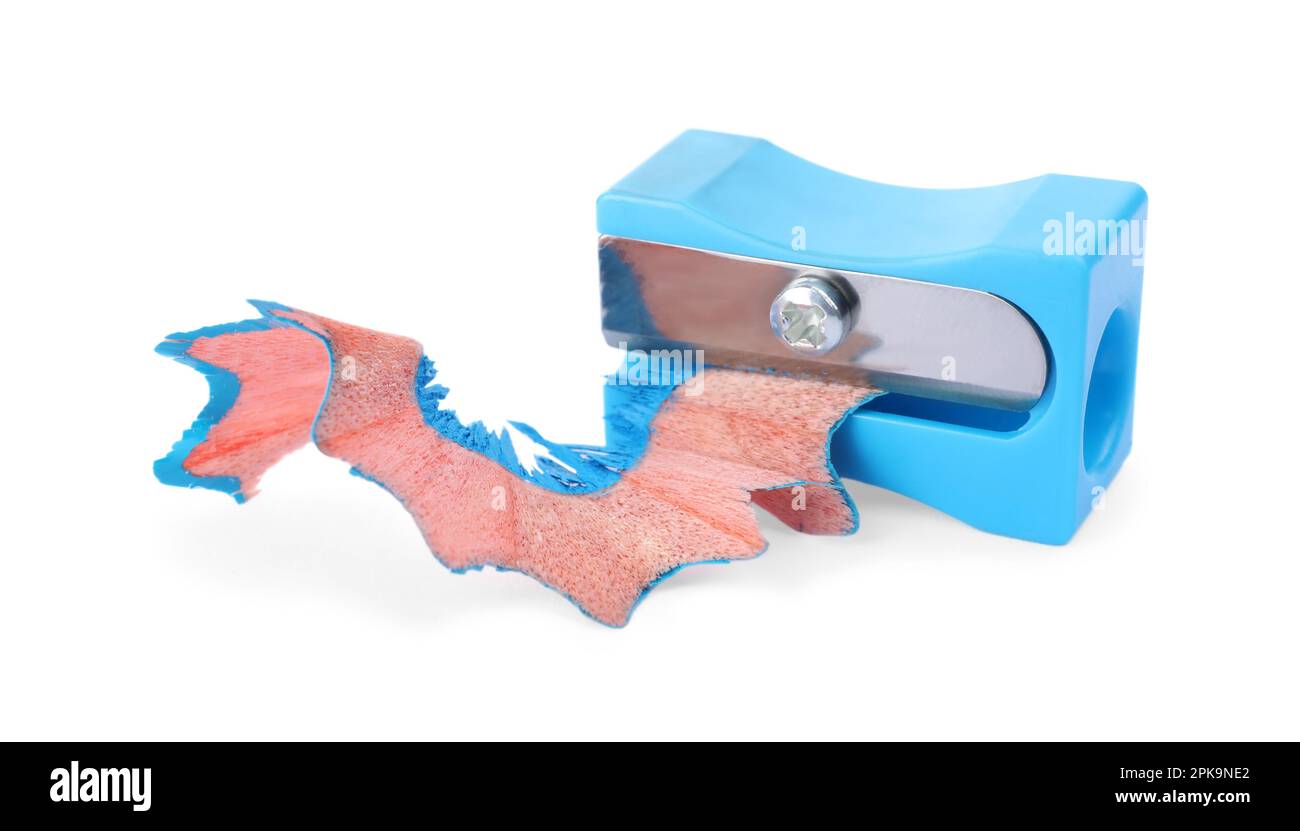 Light blue sharpener with pencil shavings on white background Stock ...
