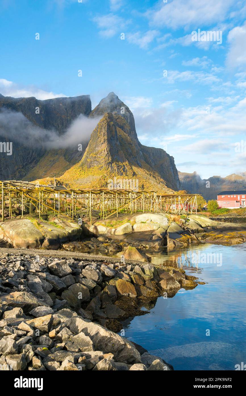 Norway, Lofoten, Moskenes, rocks near Reine, drying racks for stockfish ...