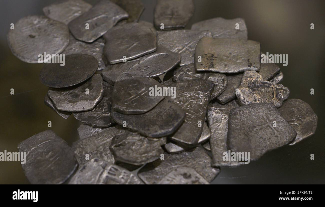 Spanish silver coins from the 17th century. Maritime Museum. Lisbon ...