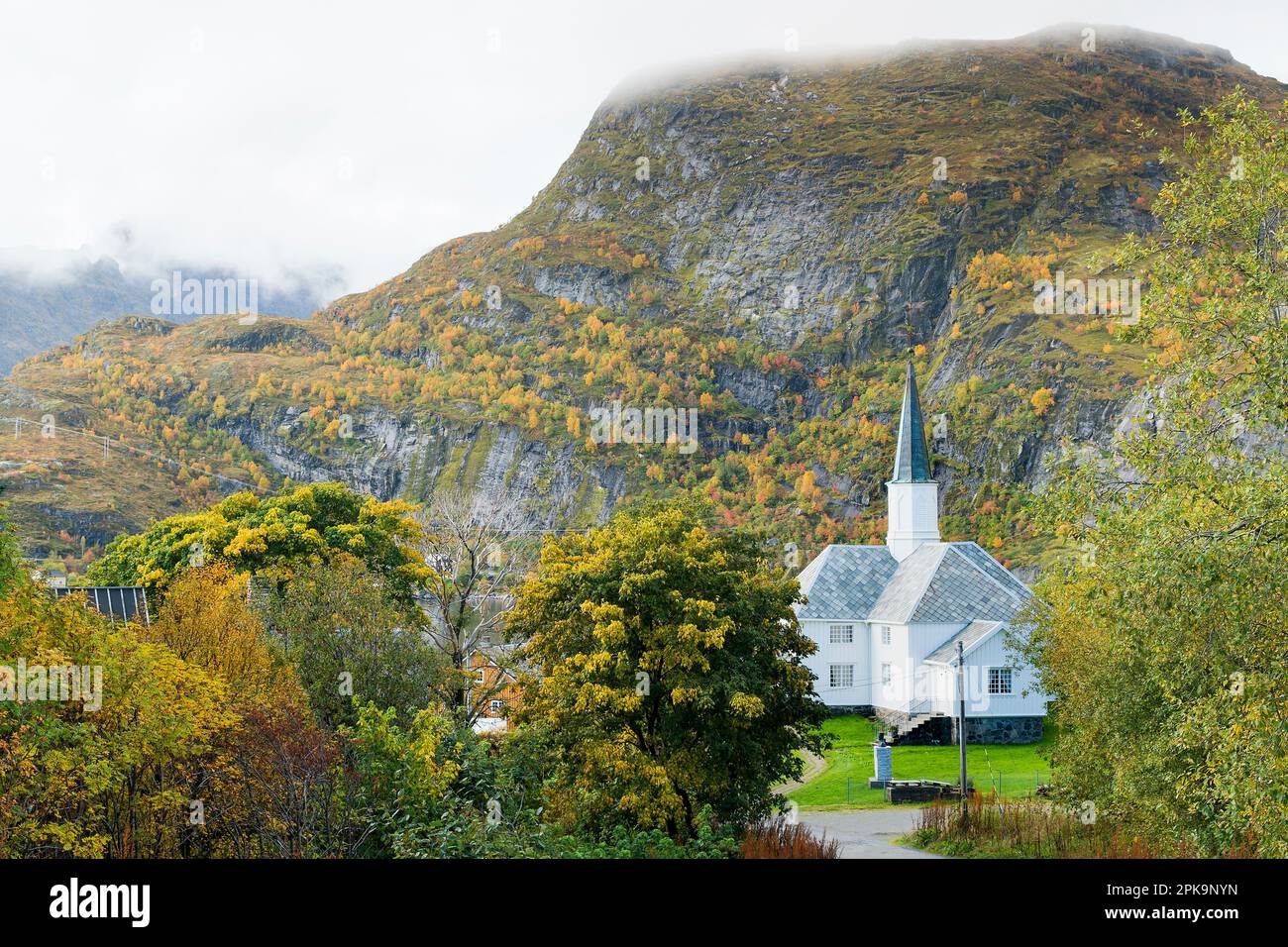 Norway, Lofoten, Moskenesoya, Moskenes Kirke, church, autumn Stock ...