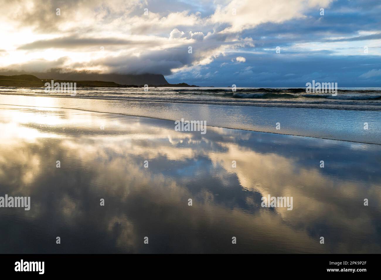Norway, Lofoten, Flakstadoya, beach, evening sky reflection at low tide ...