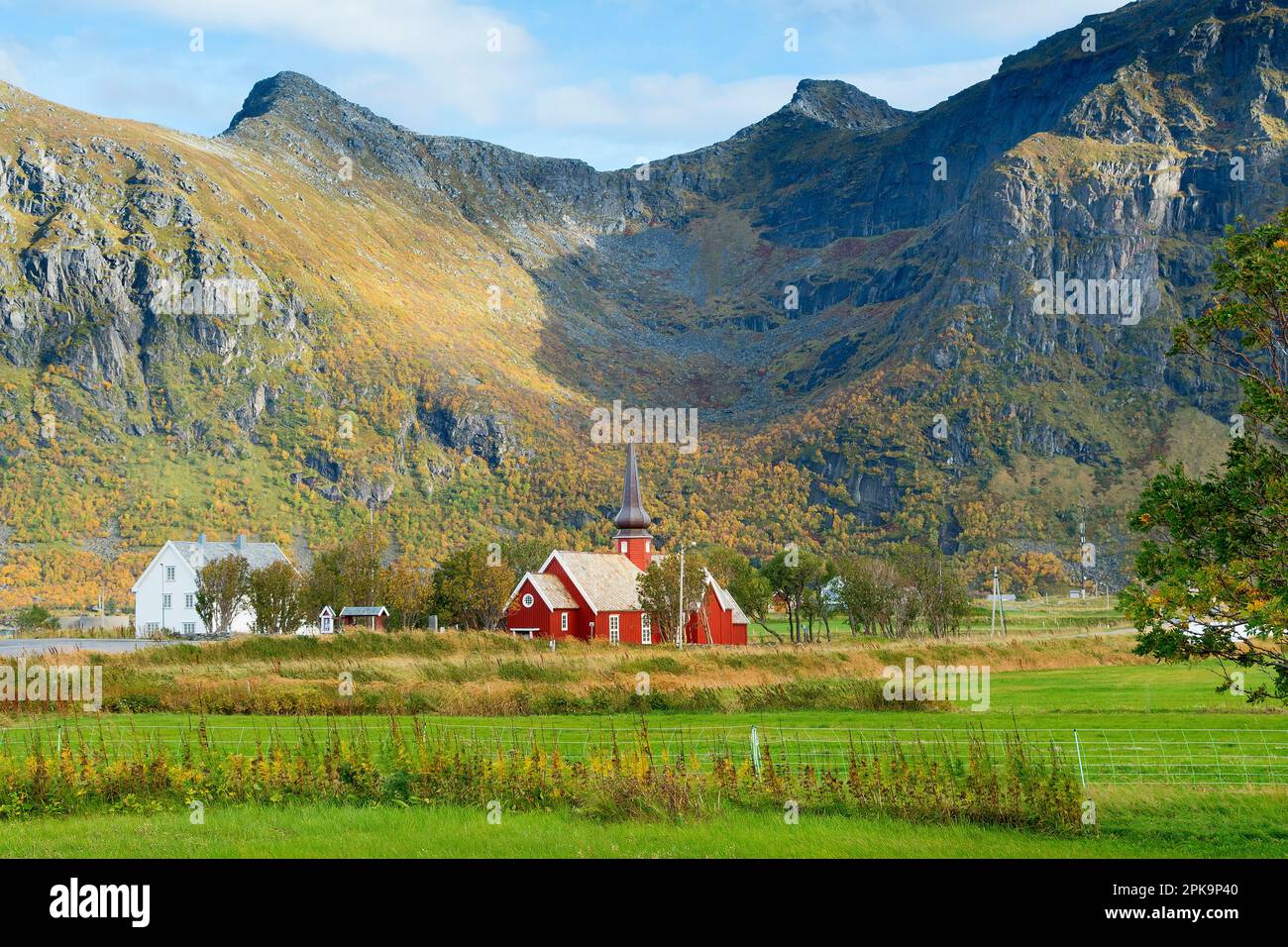 Norway, Lofoten, Flakstadoya, coast near Flakstad, Flakstad Kirke in ...