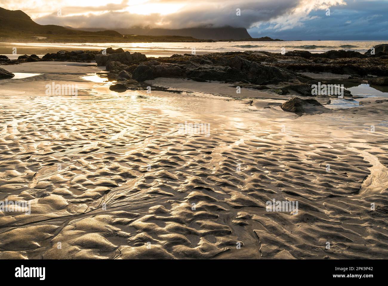 Norway, Lofoten, Flakstadoya, beach, low tide, wavy sand structures ...
