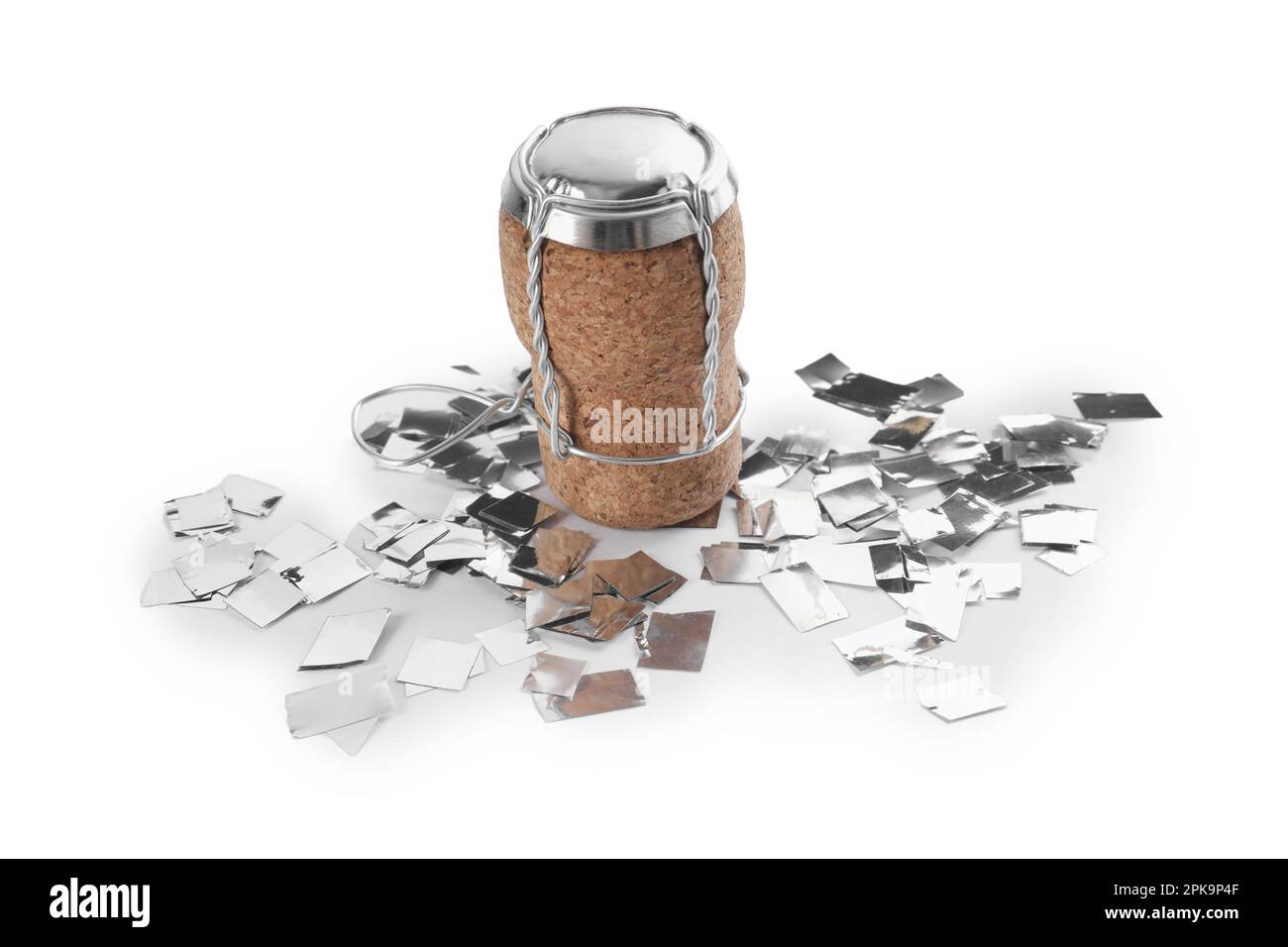 Cork of sparkling wine with muselet cap and shiny silver confetti on ...