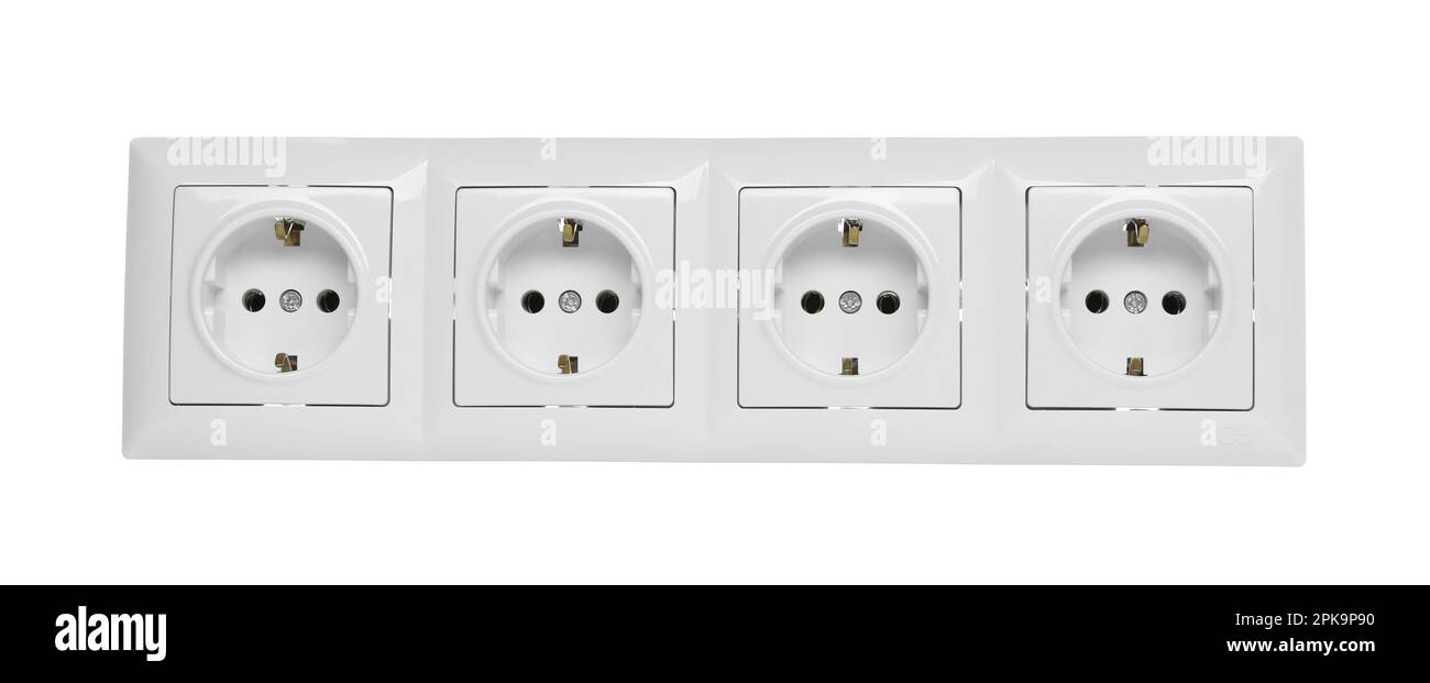 Plastic four plug power socket isolated on white Stock Photo - Alamy