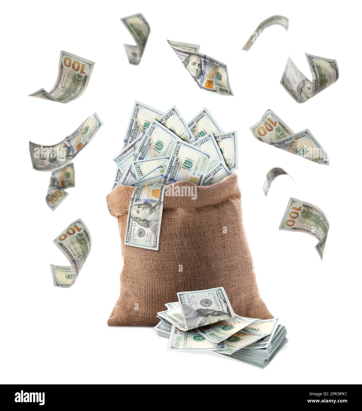 Burlap bag and flying dollar banknotes on white background Stock Photo ...