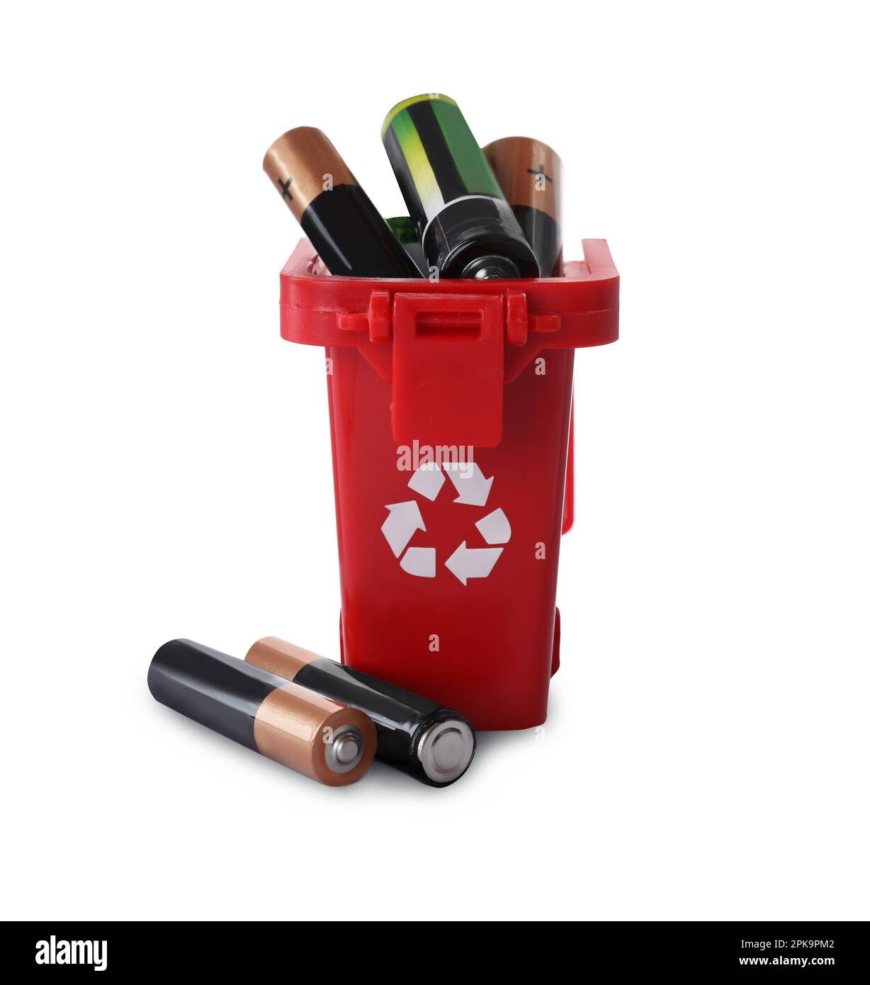 Used batteries in recycling bin on white background Stock Photo - Alamy