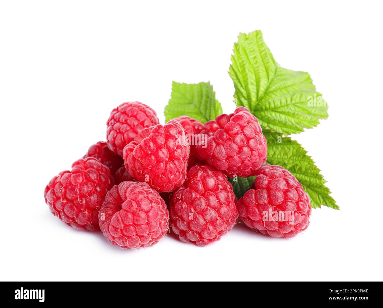 Fresh red ripe raspberries with green leaves isolated on white Stock ...