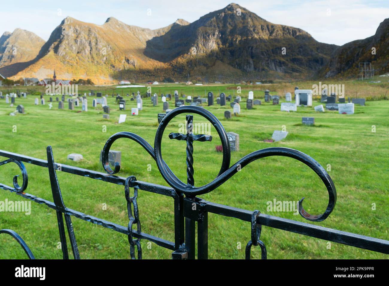 Norway, Lofoten, Flakstadoya, coast near Flakstad, cemetery, wrought ...