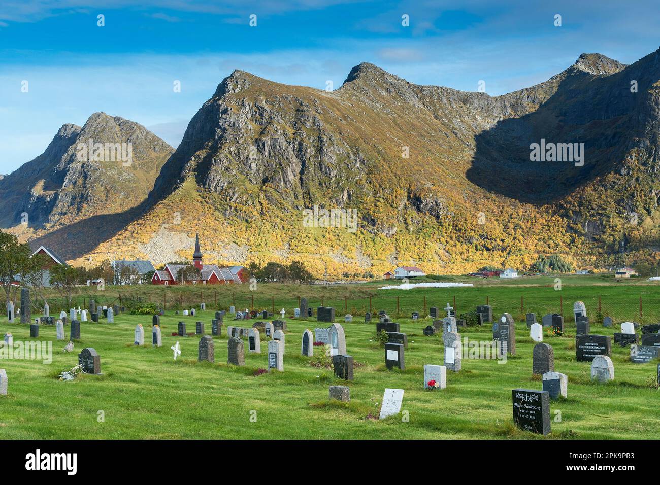 Norway, Lofoten, Flakstadoya, coast near Flakstad, Flakstad Kirke in ...