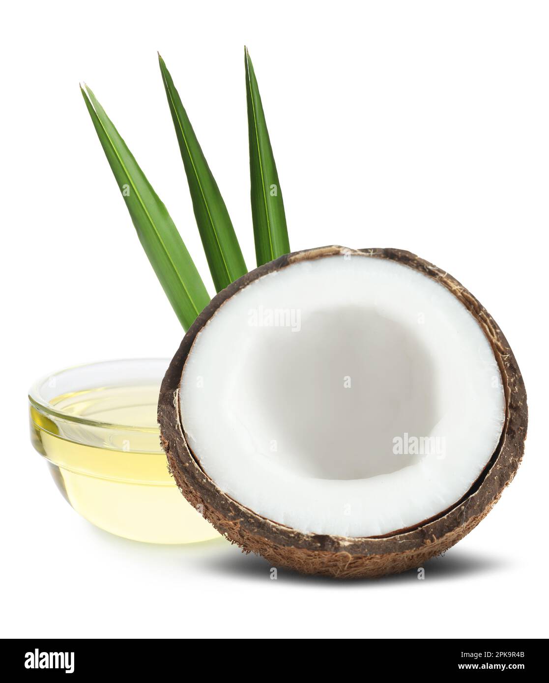 Bowl of coconut cooking oil and fruit on white background Stock Photo ...