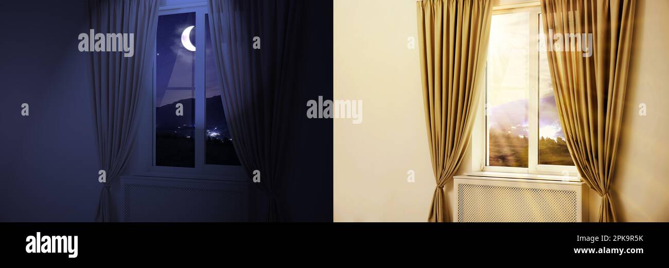 Beautiful view of landscape through windows in day and night, collage ...