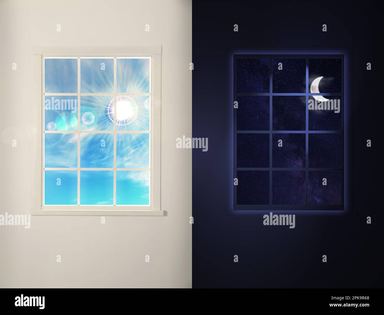 Beautiful view of sky through windows in day and night, collage Stock ...
