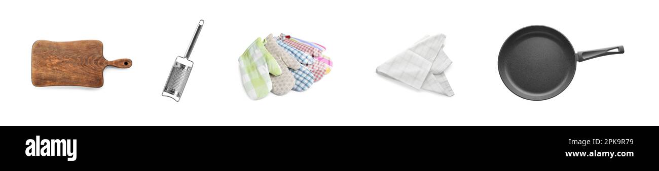 Set with pan, cookware and kitchen utensils on white background, top ...