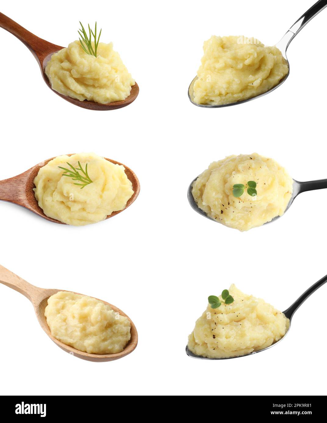 Set with spoons of tasty mashed potatoes on white background Stock ...