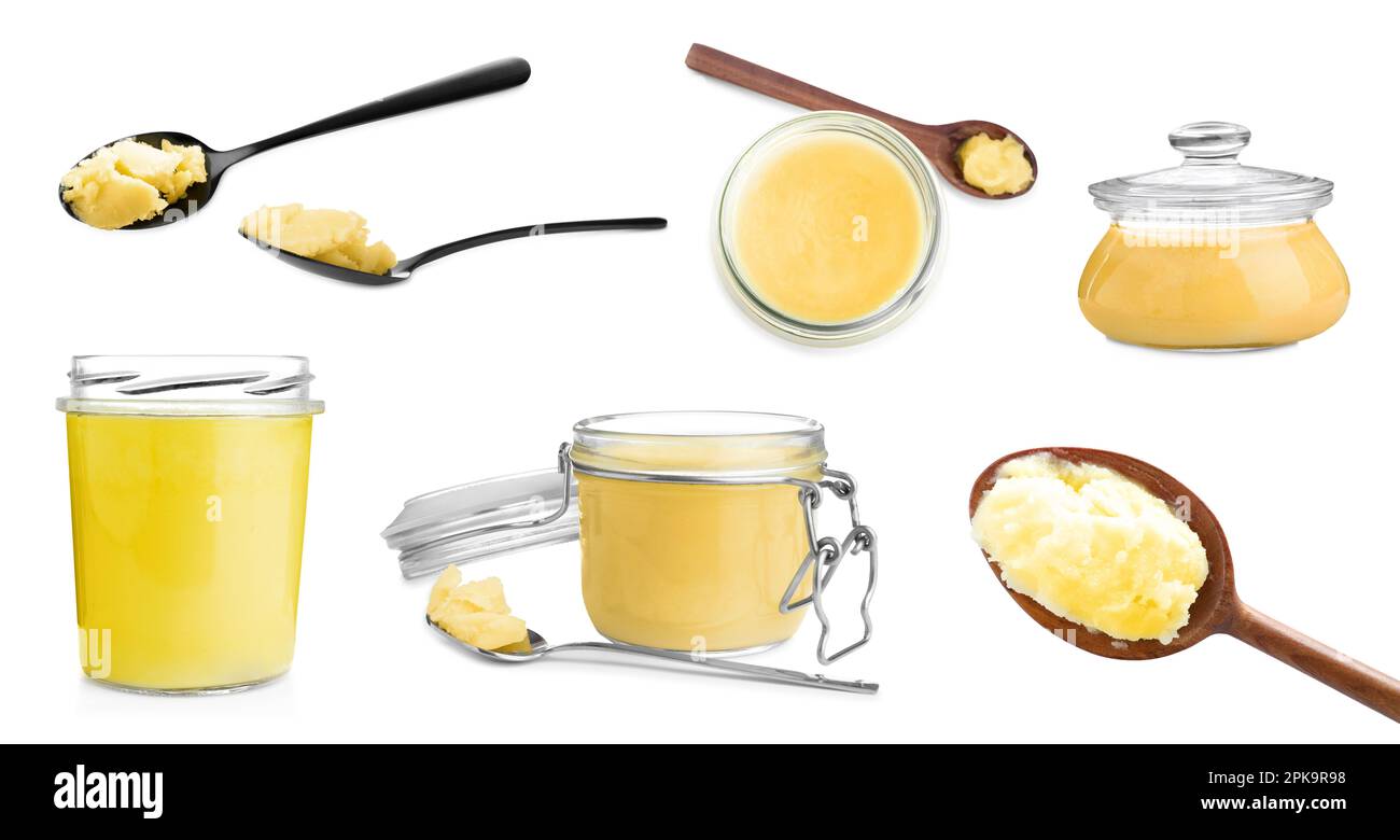 Set with tasty ghee butter on white background Stock Photo - Alamy