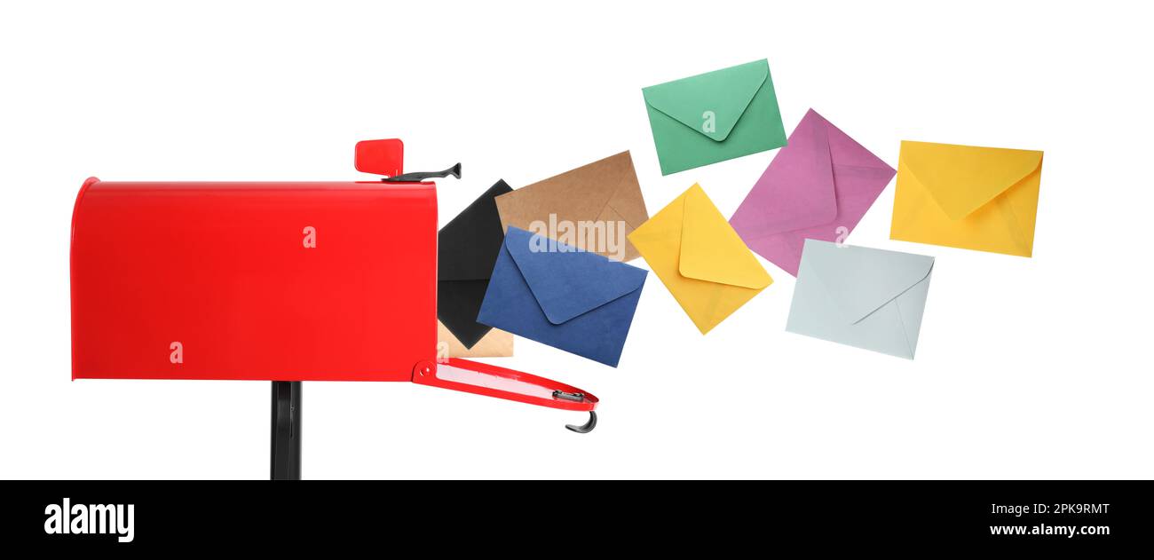 Different color envelopes flying out from red letter box on white ...