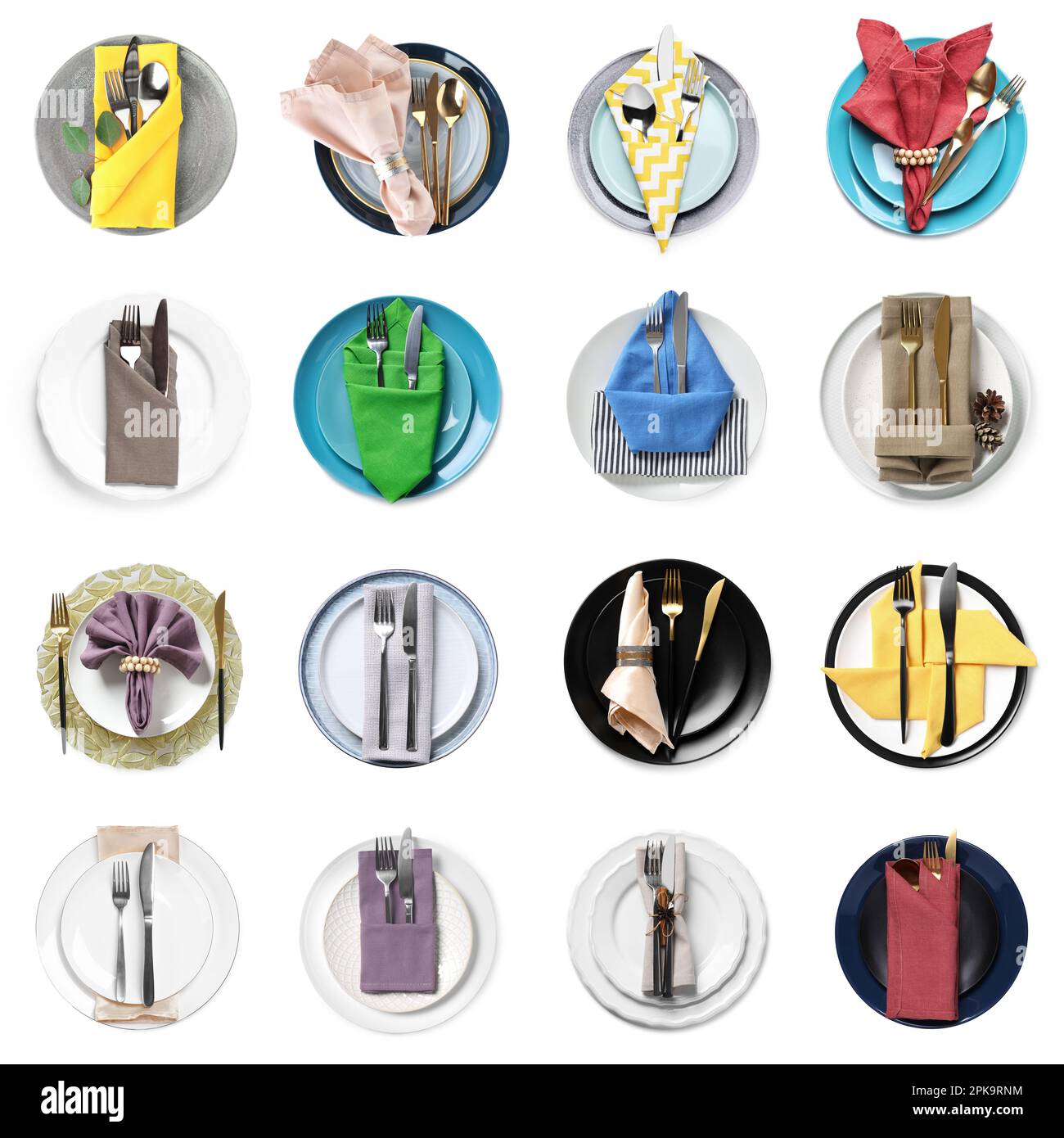 Set with examples of different beautiful table settings on white ...