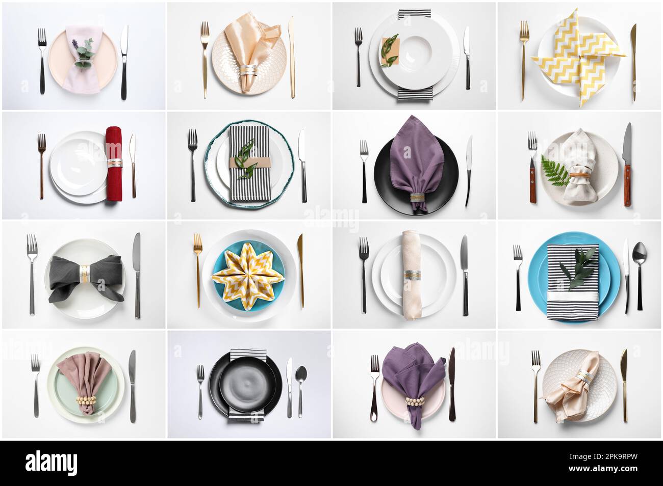 Set with examples of different beautiful table settings on white ...