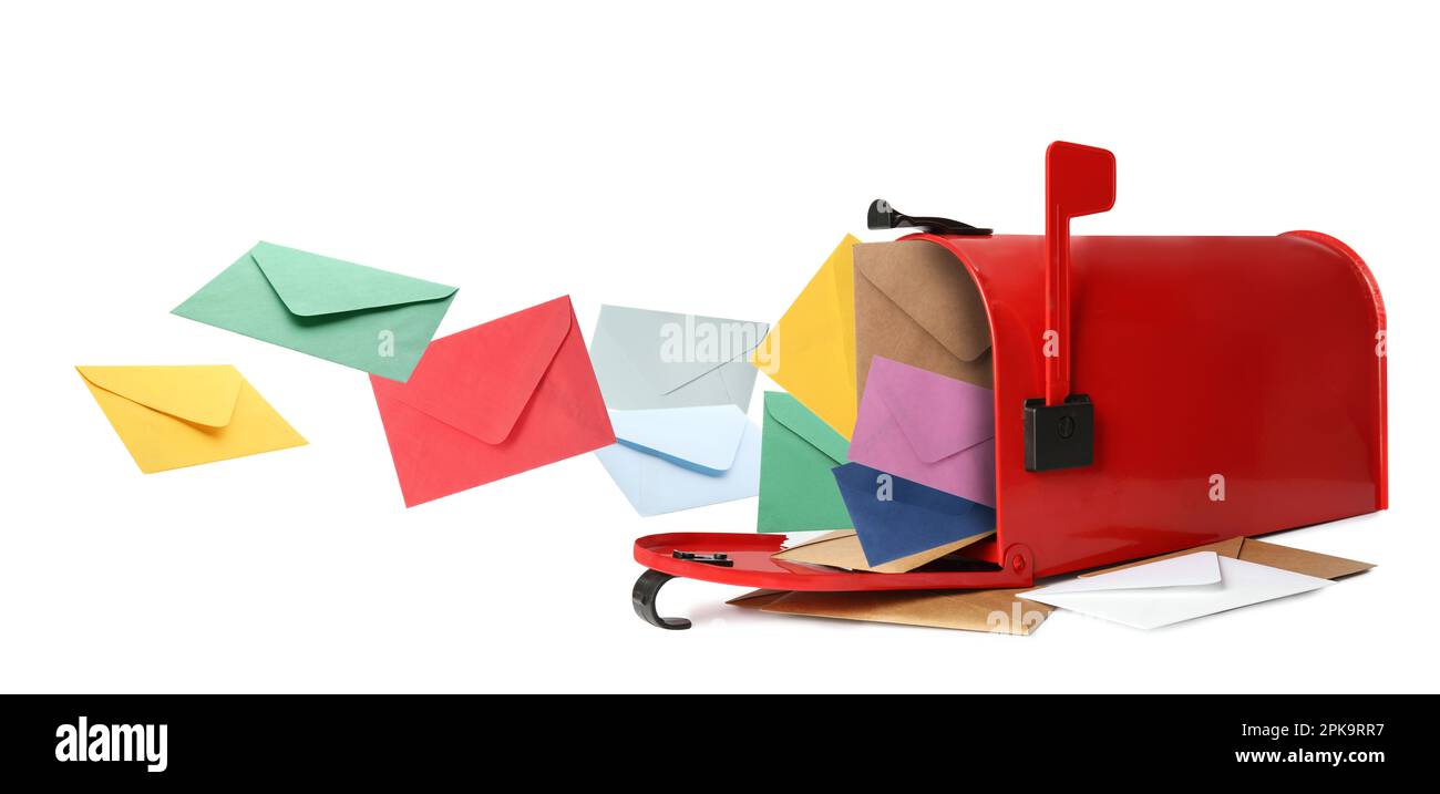 Different color envelopes flying out from red letter box on white ...